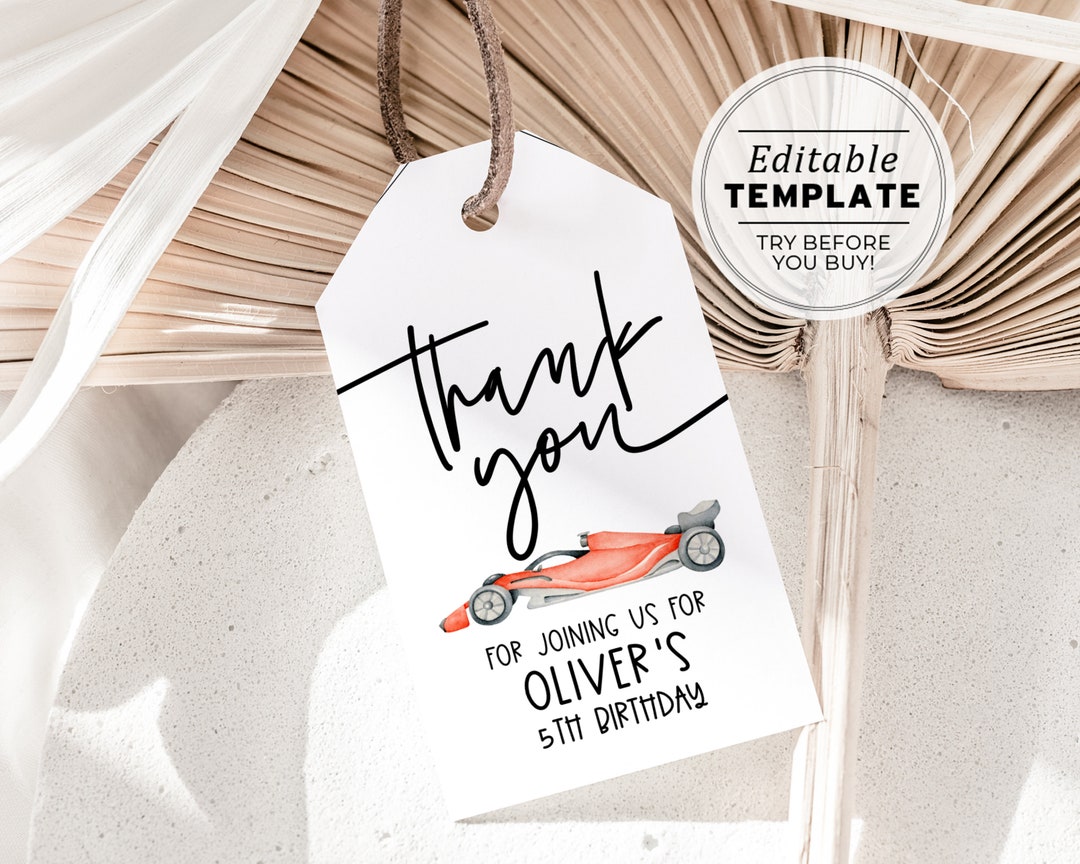 Red Race Car Theme Party Favor Tag, Thank You Tag | EDITABLE TEMPLATE ...