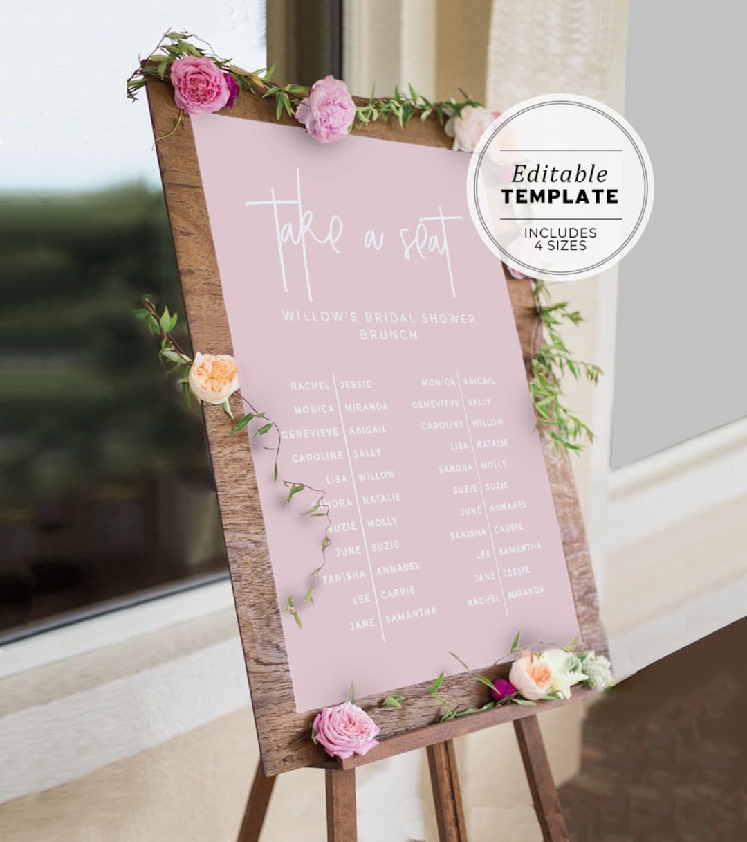 Blush Minimalist Bridal Shower Brunch Seating Chart Sign, Editable ...