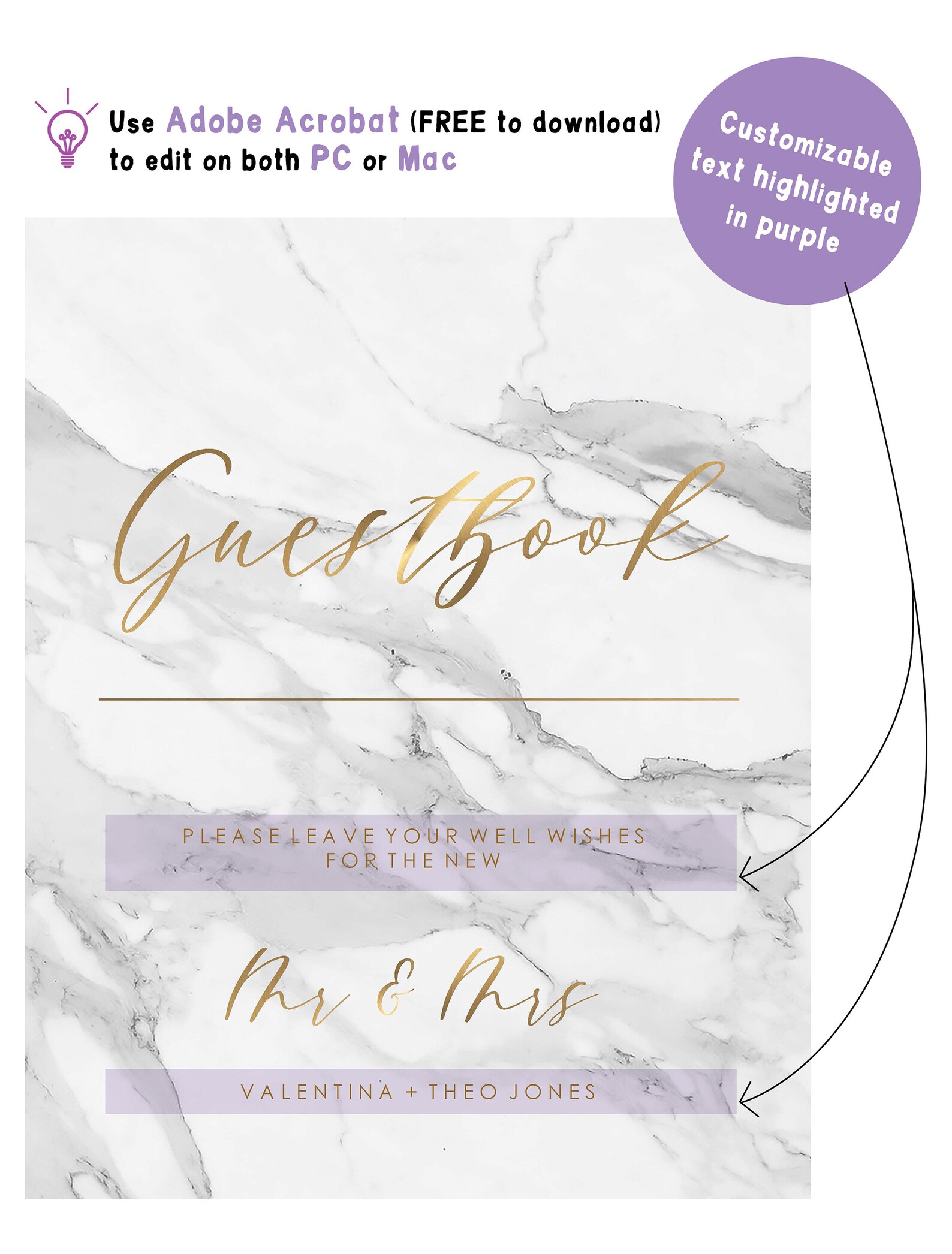 Editable Marble Look and Gold Wedding Guestbook Sign Template | Etsy