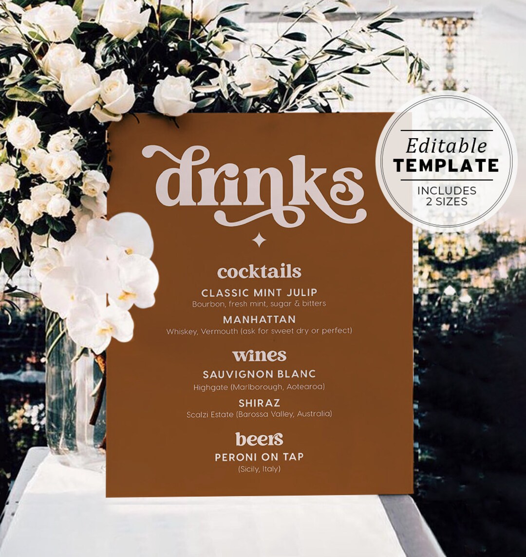 Mae Retro Drinks Menu Sign, Bar Menu, Drinks Sign, Bar Sign, Printable ...