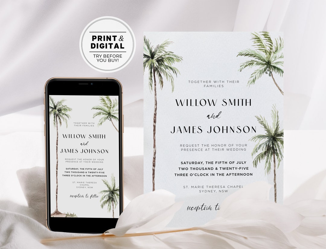 Palm Tree Wedding Invitation Template, Destination Wedding Invite ...