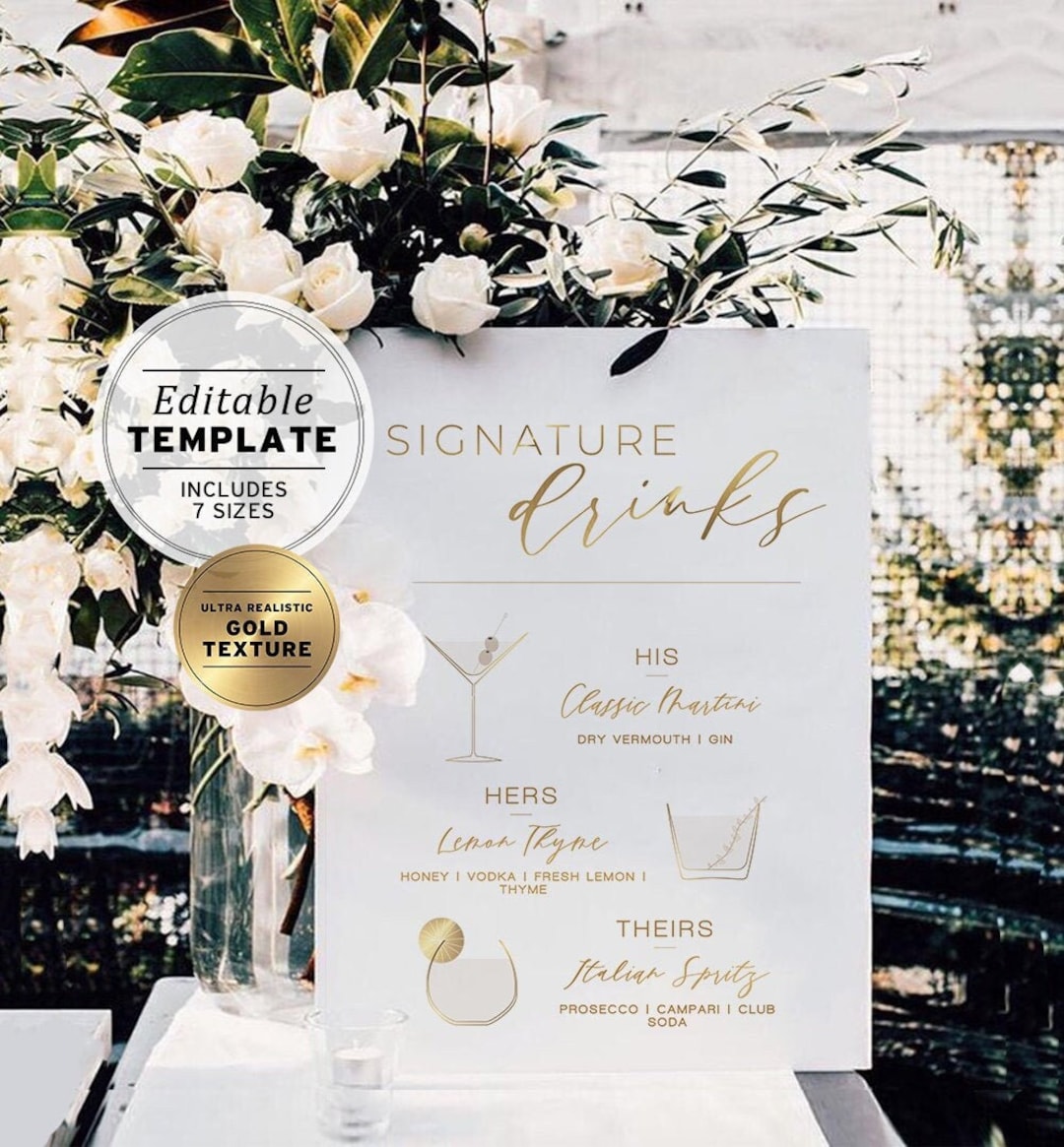 Classic Modern Gold Signature Drinks Menu Sign, His and Hers, Bar Menu ...
