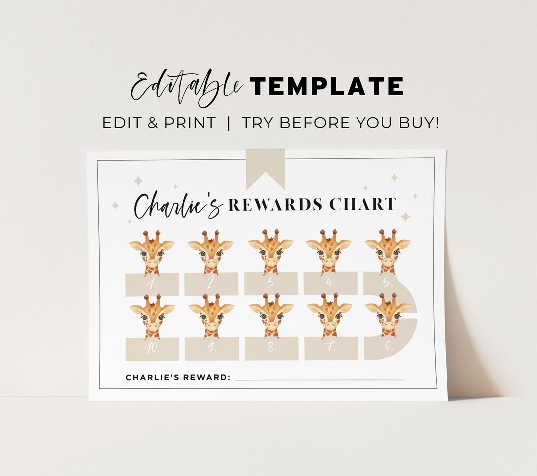 Editable Giraffe Rewards Chart, Sleep Training Chart, Printable Rewards ...