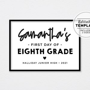 First Day of 8th Grade Sign Template, Back to School Printable, First ...