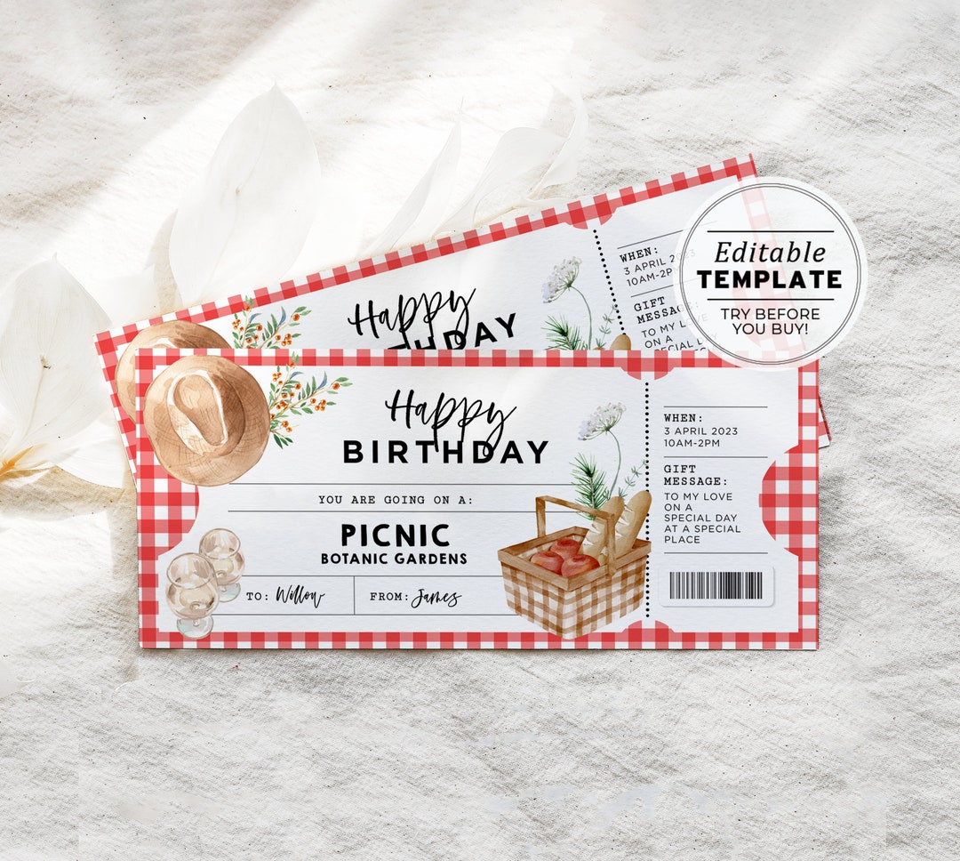 Picnic Birthday Gift Ticket Template, Party Invitation, Surprise Gift ...