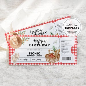 Picnic Birthday Gift Ticket Template, Party Invitation, Surprise Gift ...