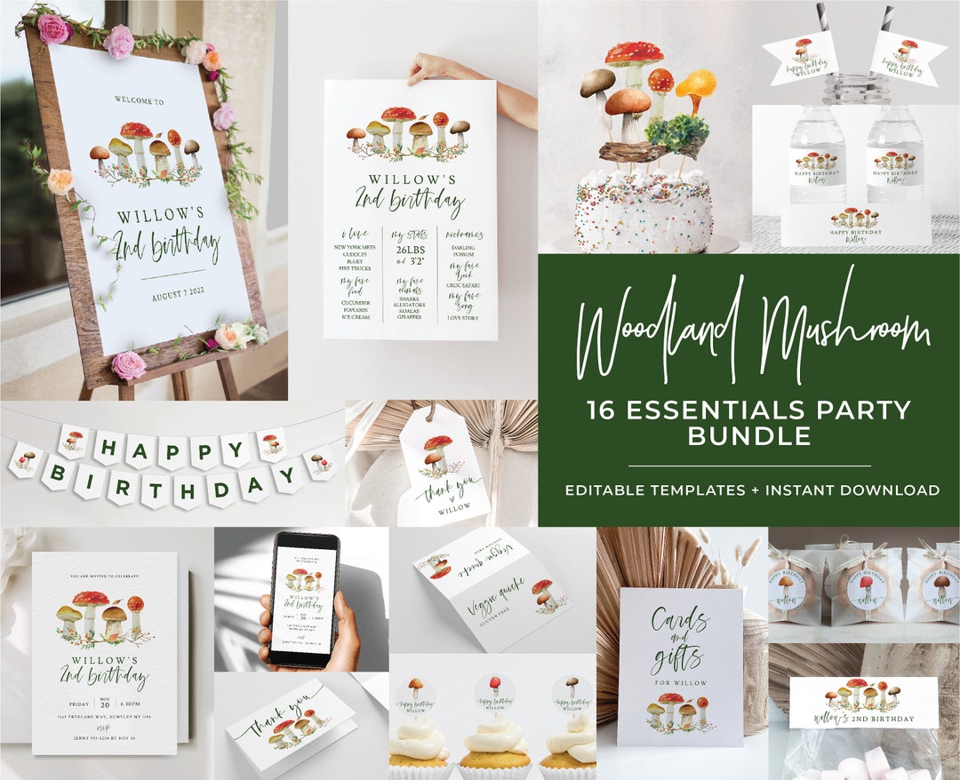 Woodland Theme Kids Party Bundle, Mushroom Birthday Bundle, Birthday ...