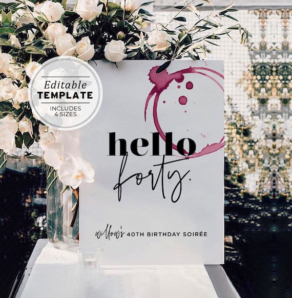 HELLO FORTY Red Wine 40th Birthday Party Welcome Sign - Etsy