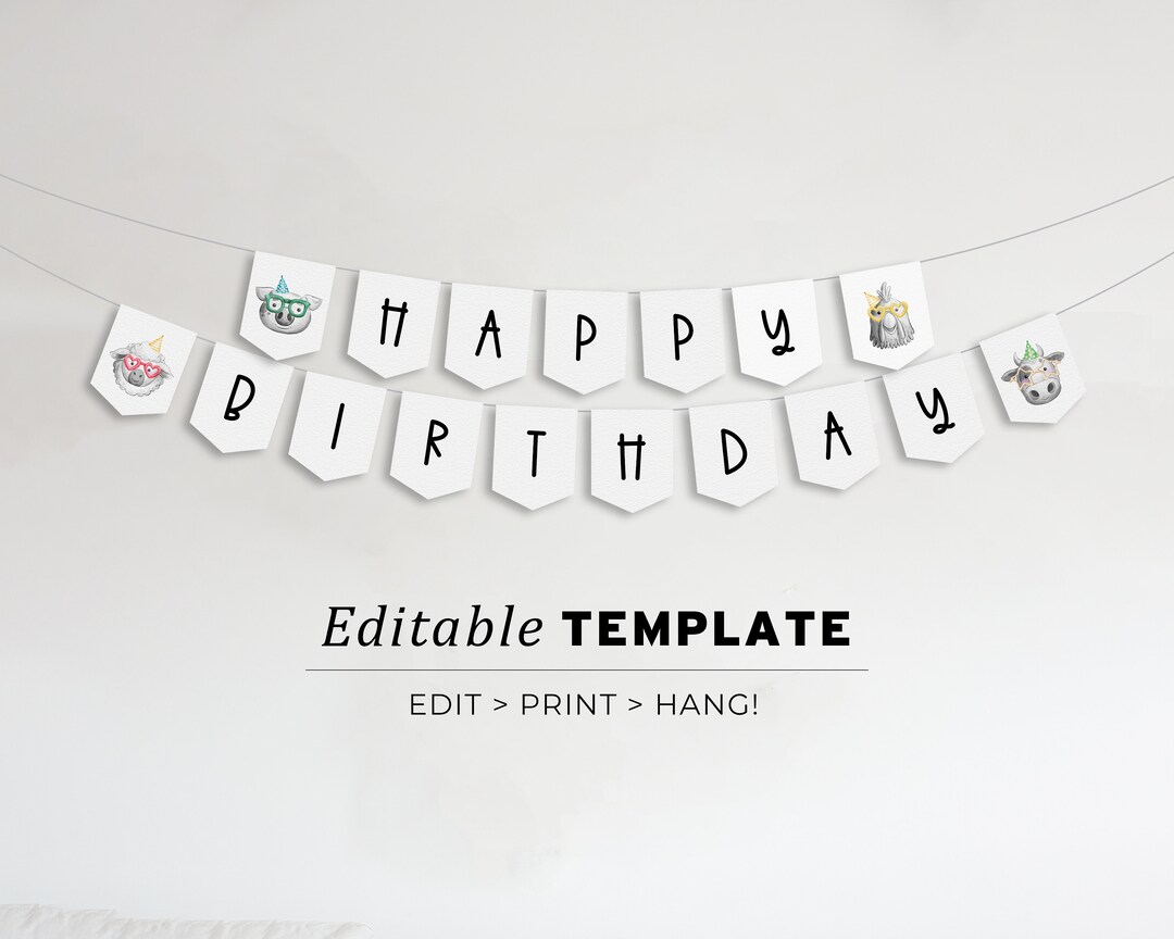Party Farm Animal Theme Kids Birthday Banner Printable Editable ...