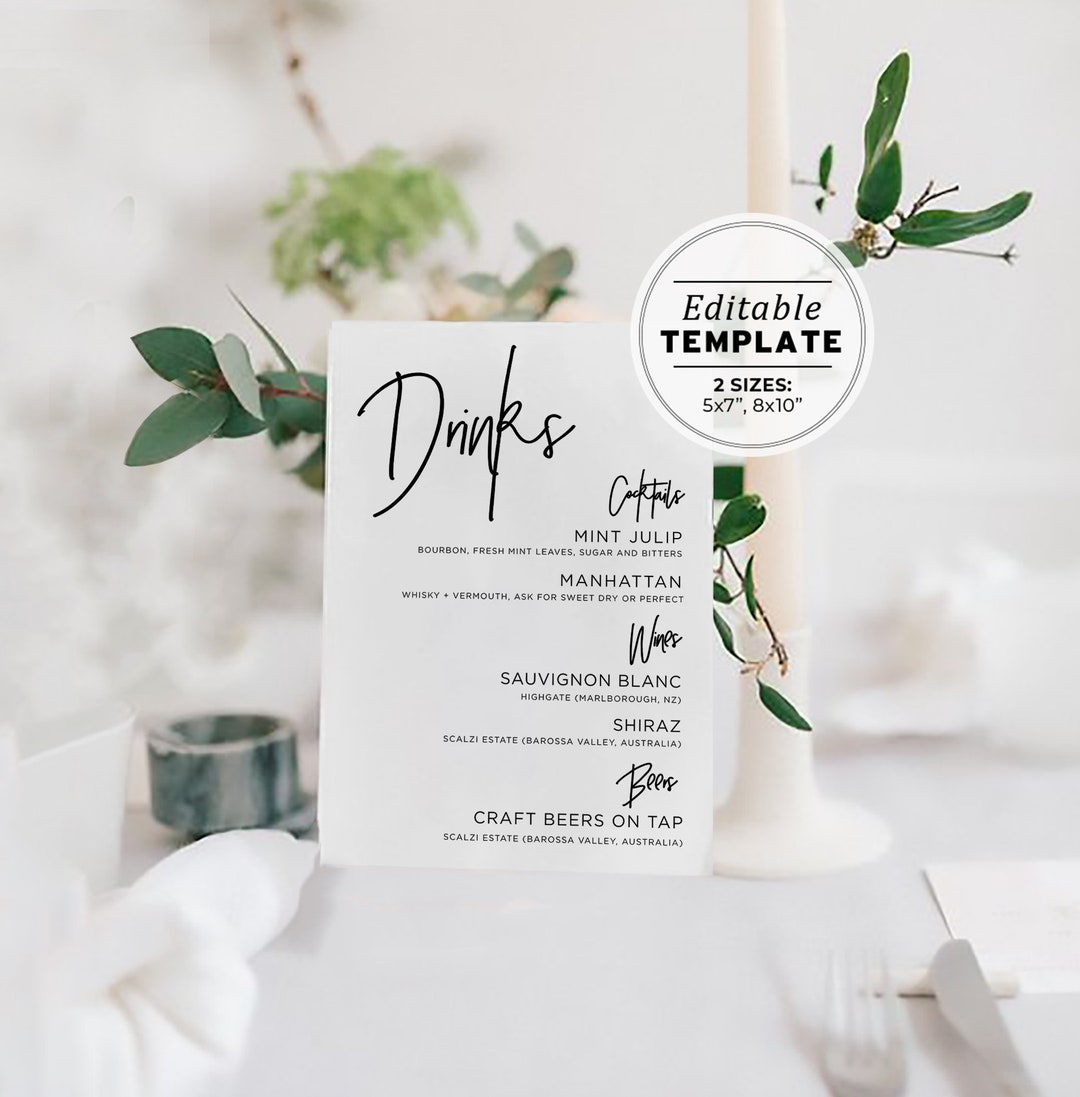 Juliette Wedding Bar Menu Template, Minimalist Bar Menu Sign, Printable ...