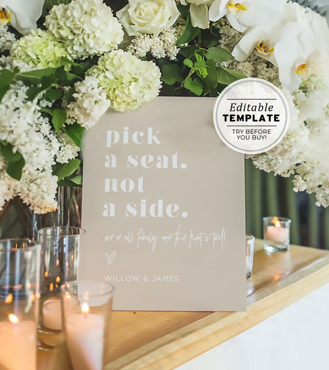 Scandi Minimalist ‘pick a Seat, Not a Side’ Wedding Ceremony Sign ...