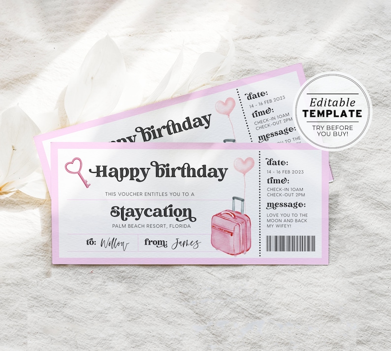 Printable Staycation Birthday Gift Voucher Template - Etsy