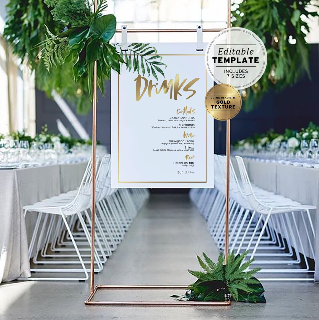 Naia Tropical Gold Wedding Drinks Sign, Printable Editable Template ...