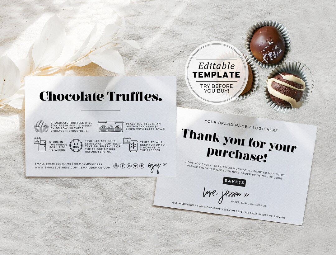 Minimalist Chocolate Truffles Care Card and Thank You Card, Thank You ...