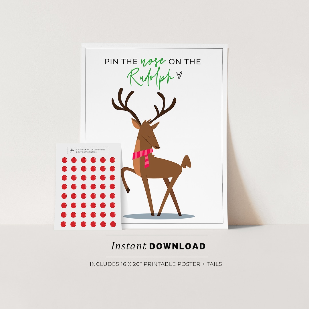 Pin the Nose on Rudolph Christmas Game Printable Poster, Holiday Party ...