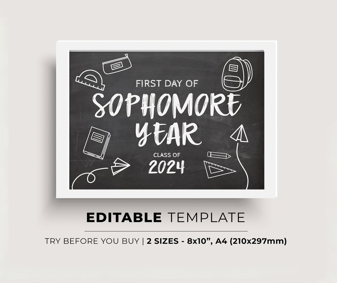 First Day of Sophomore Year Back to School Chalkboard Sign Editable ...