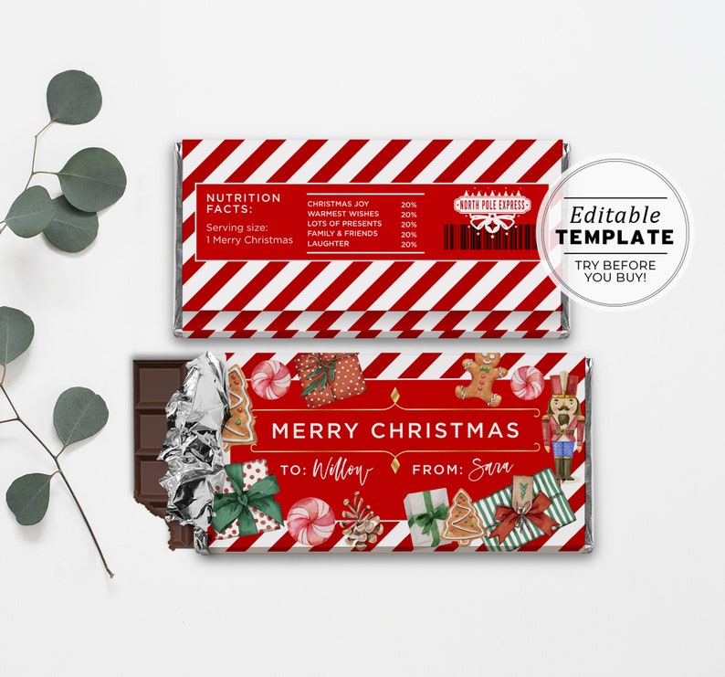 Christmas Chocolate Wrapper Template, Christmas Chocolate Gift, Hershey ...