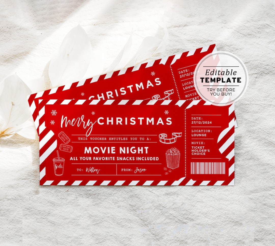Christmas Movie Night Ticket Template, Movie Ticket Voucher | PRINTABLE ...