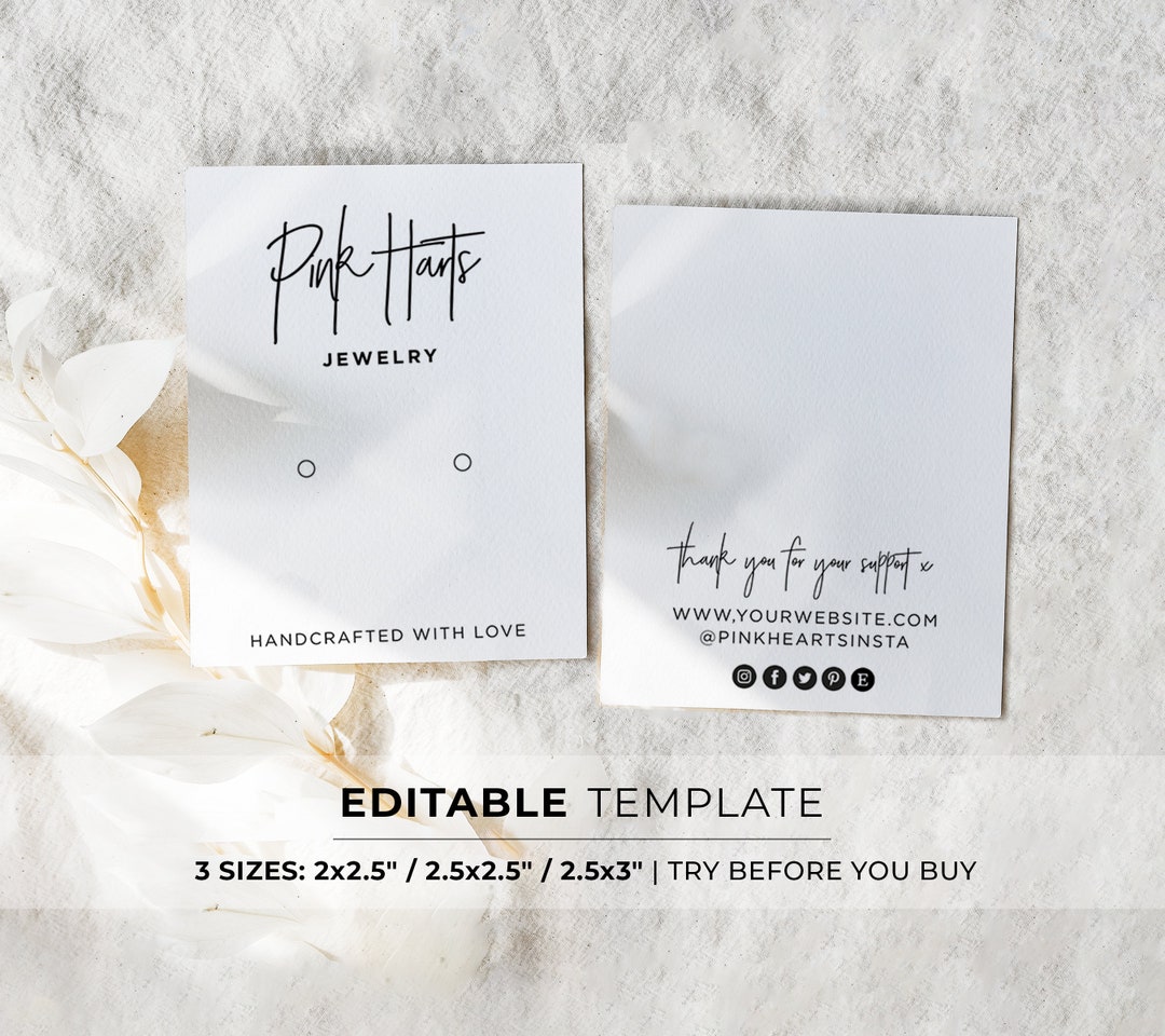 Editable Earring Display Card Template Minimalist, 3 Sizes - 2x2.5" / 2 ...