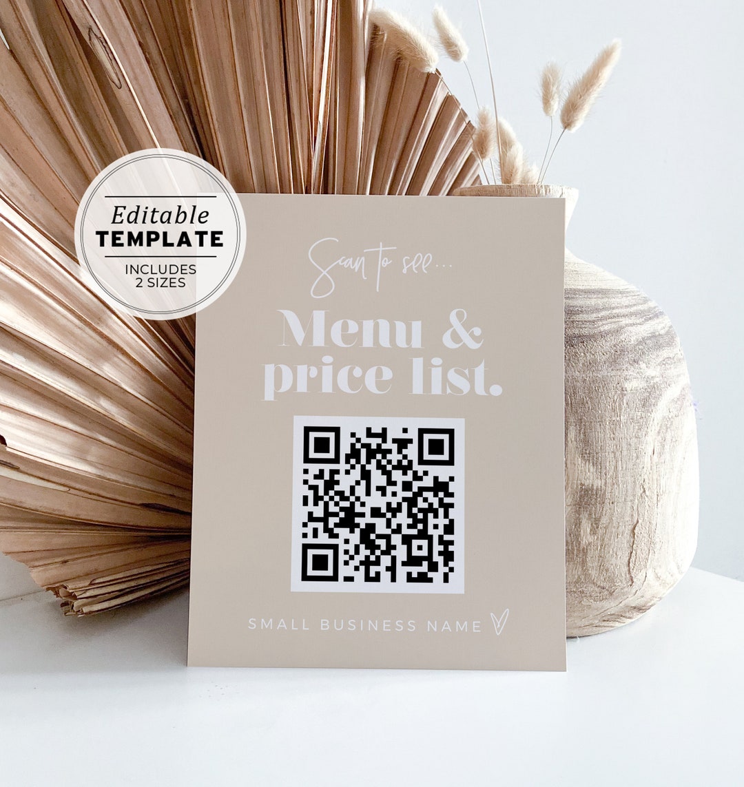 Minimalist QR Code Menu and Price List Sign Template, Small Business ...