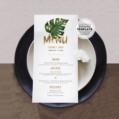 Tropical Wedding Menu Template Palm Leaf Menu Card - Etsy
