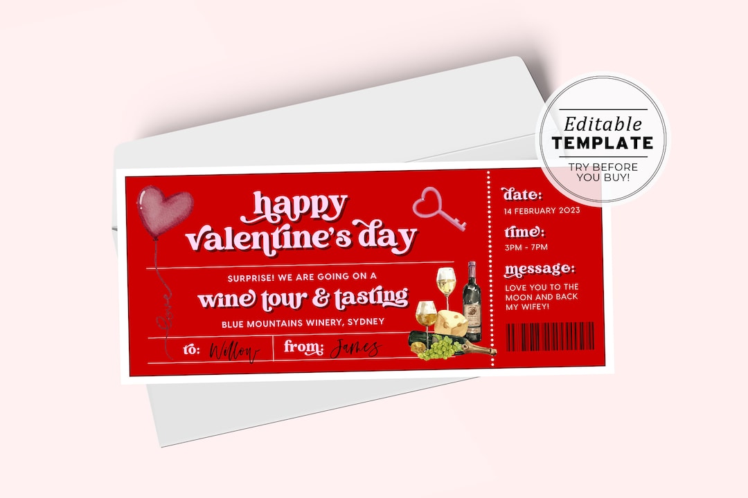Plantilla imprimible de boleto de regalo del Día de San Valentín, vale ...