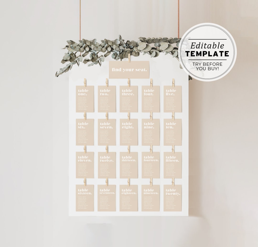 Scandi Minimalist Wedding Seating Chart Template, Hanging Table List ...