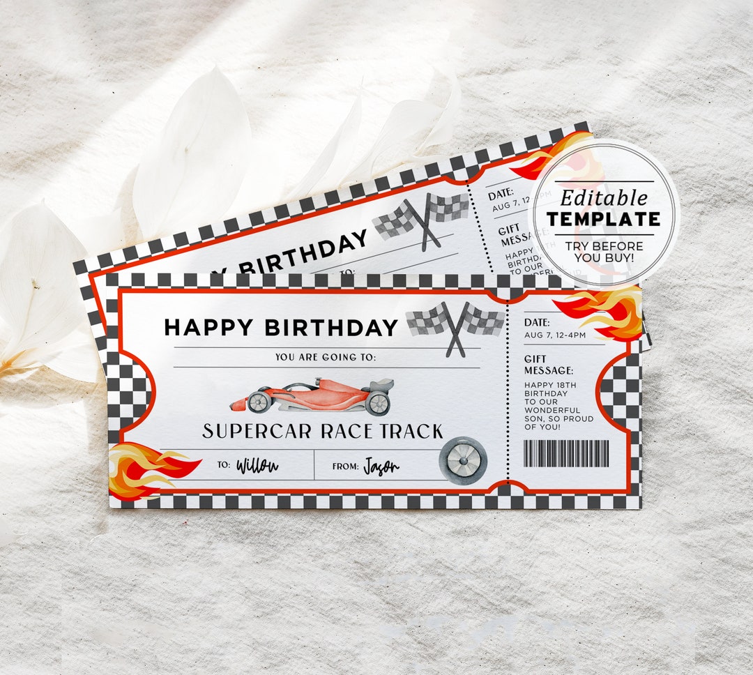 Printable Race Car Ticket Birthday Gift Template, Surprise Gift ...