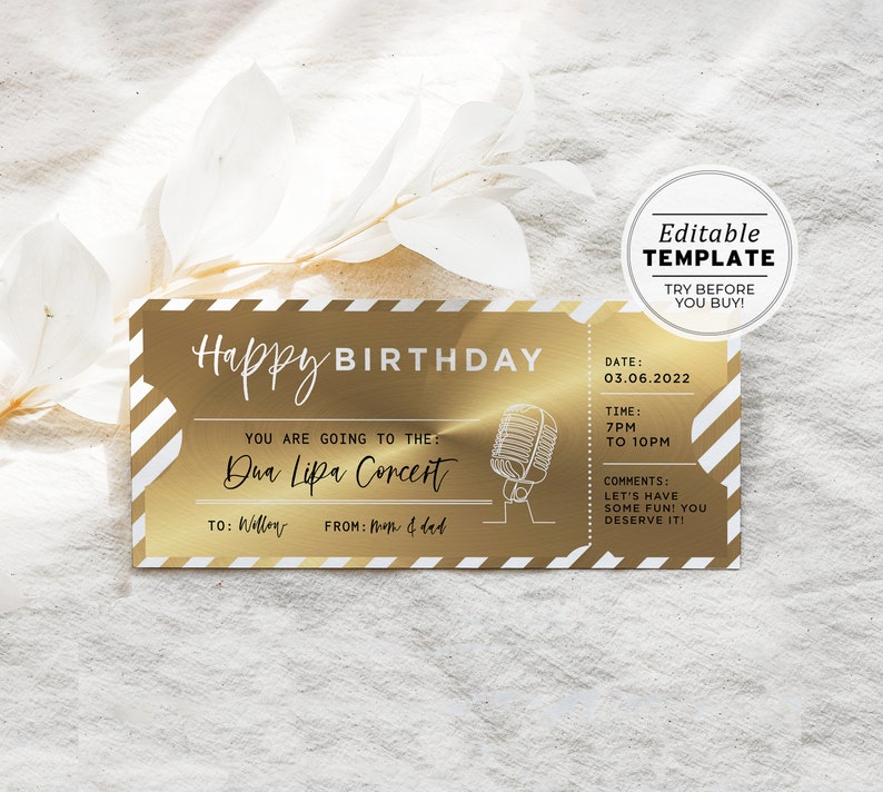 Printable Gold Concert Ticket Birthday Gift Template, Surprise Gift ...