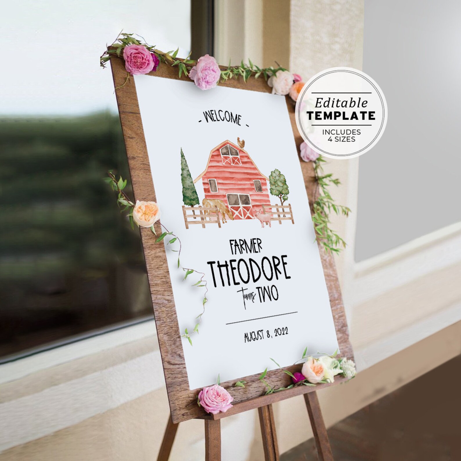 Editable Watercolor Farm Welcome Sign, Barnyard Party Welcome Sign ...