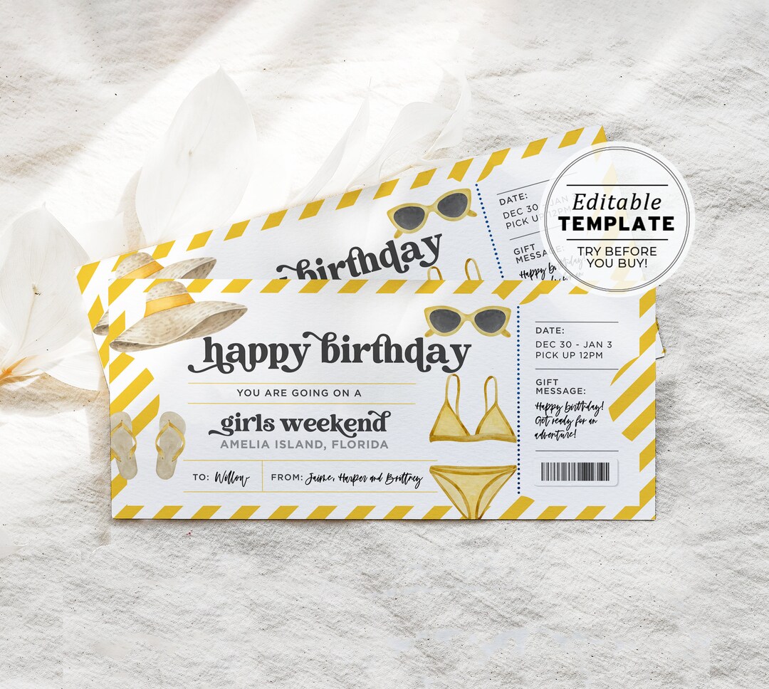 Printable Girls Weekend Birthday Surprise Ticket, Weekend Away Template ...