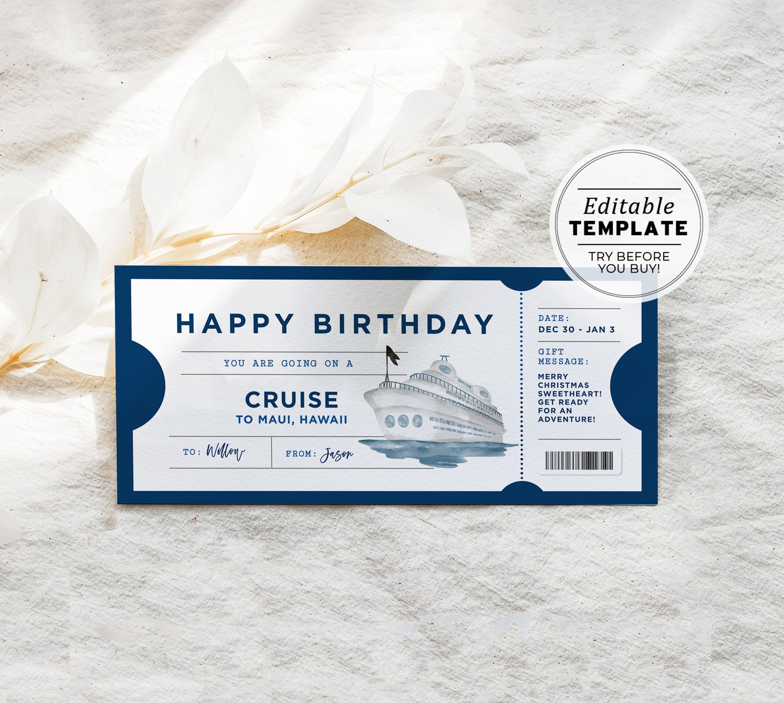 Printable Birthday Cruise Trip Boarding Pass, Cruise Voucher Template ...