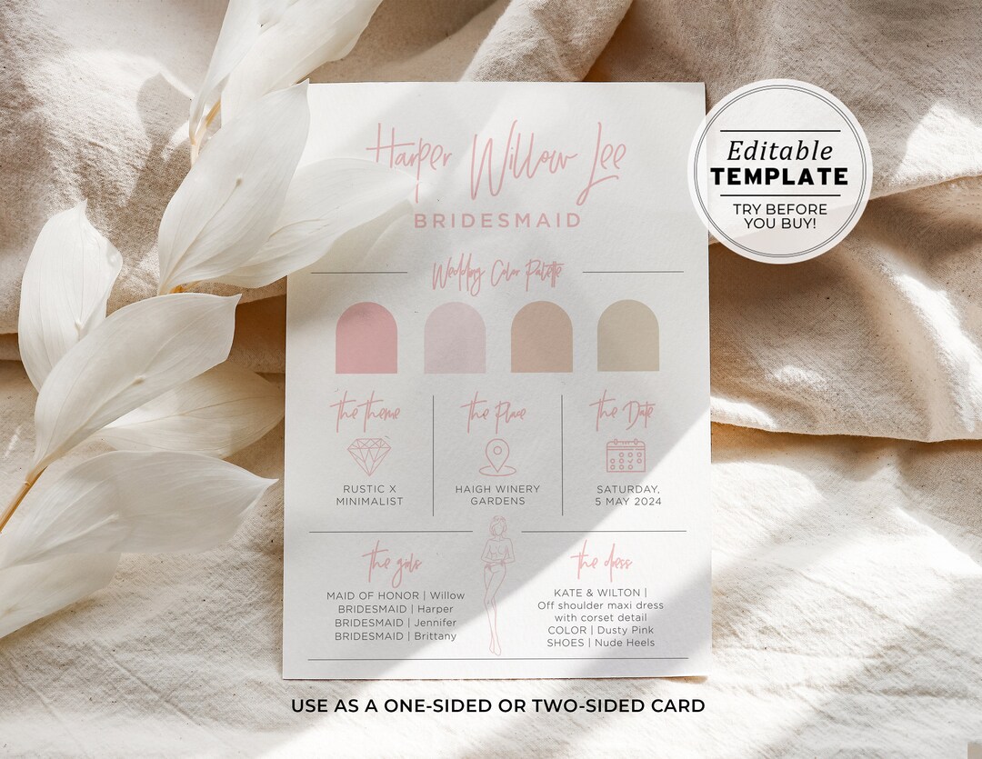 Blush Minimalist Bridesmaid Info Card Template, Bridal Party Info Card ...