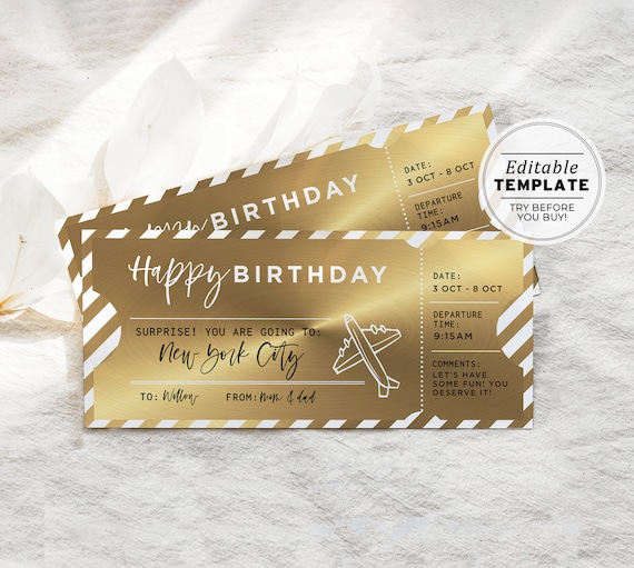 Printable Gold Plane Holiday Ticket Birthday Gift Template - Etsy