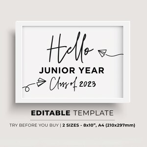 Printable First Day of Junior Year Sign, Class of 2023, Hello Junior ...