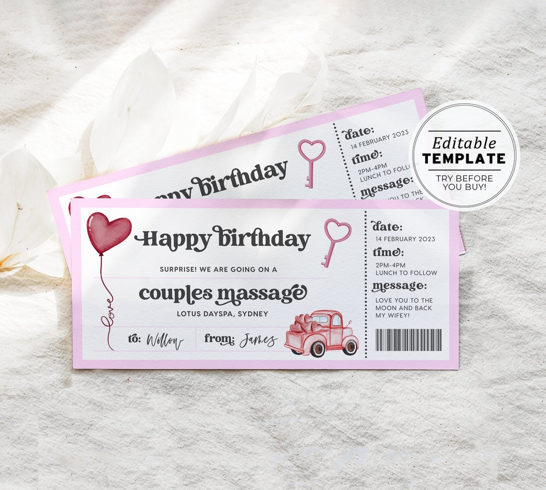 Printable Birthday Massage Ticket Template Couples Massage T Voucher Birthday Surprise