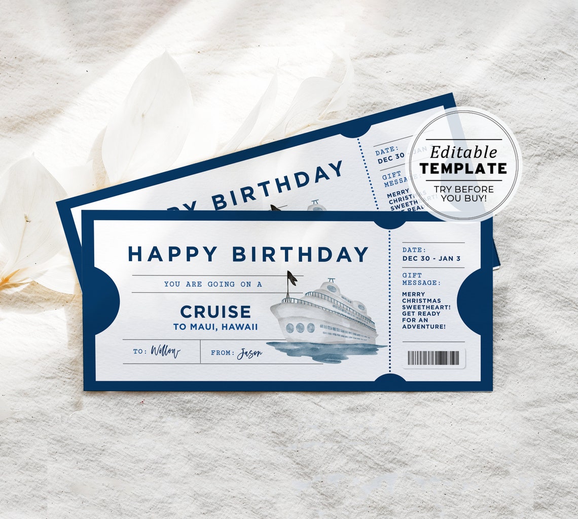 Printable Birthday Cruise Trip Boarding Pass, Cruise Voucher Template ...