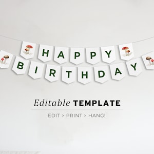 Minimalist Wild Mushroom Theme Birthday Party Banner Printable Editable ...