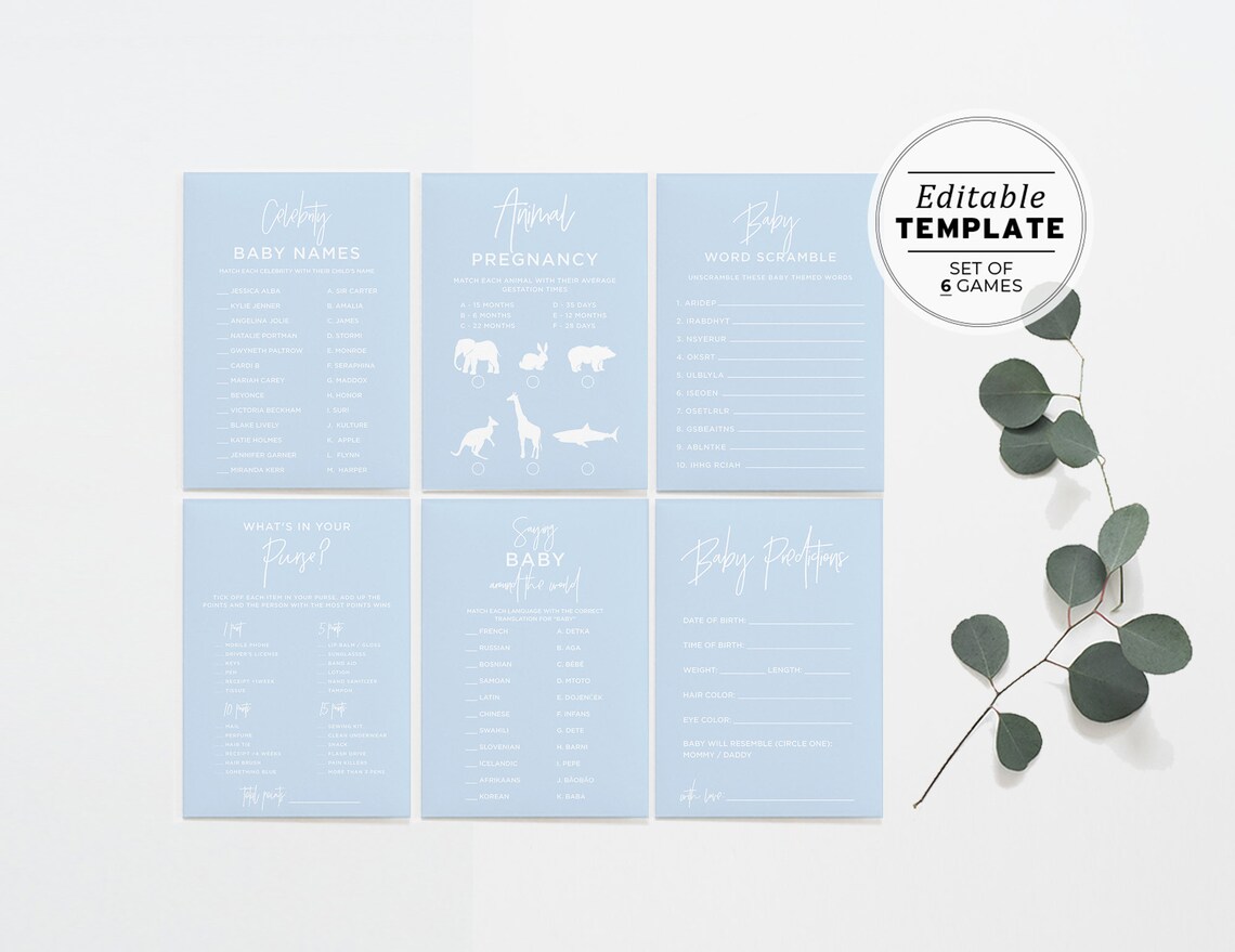 6 Powder Blue Baby Shower Games Baby Shower Game Bundle - Etsy