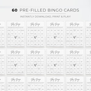 Baby Shower Games, Baby Shower Bingo, 60 Printable Cards, Digital ...
