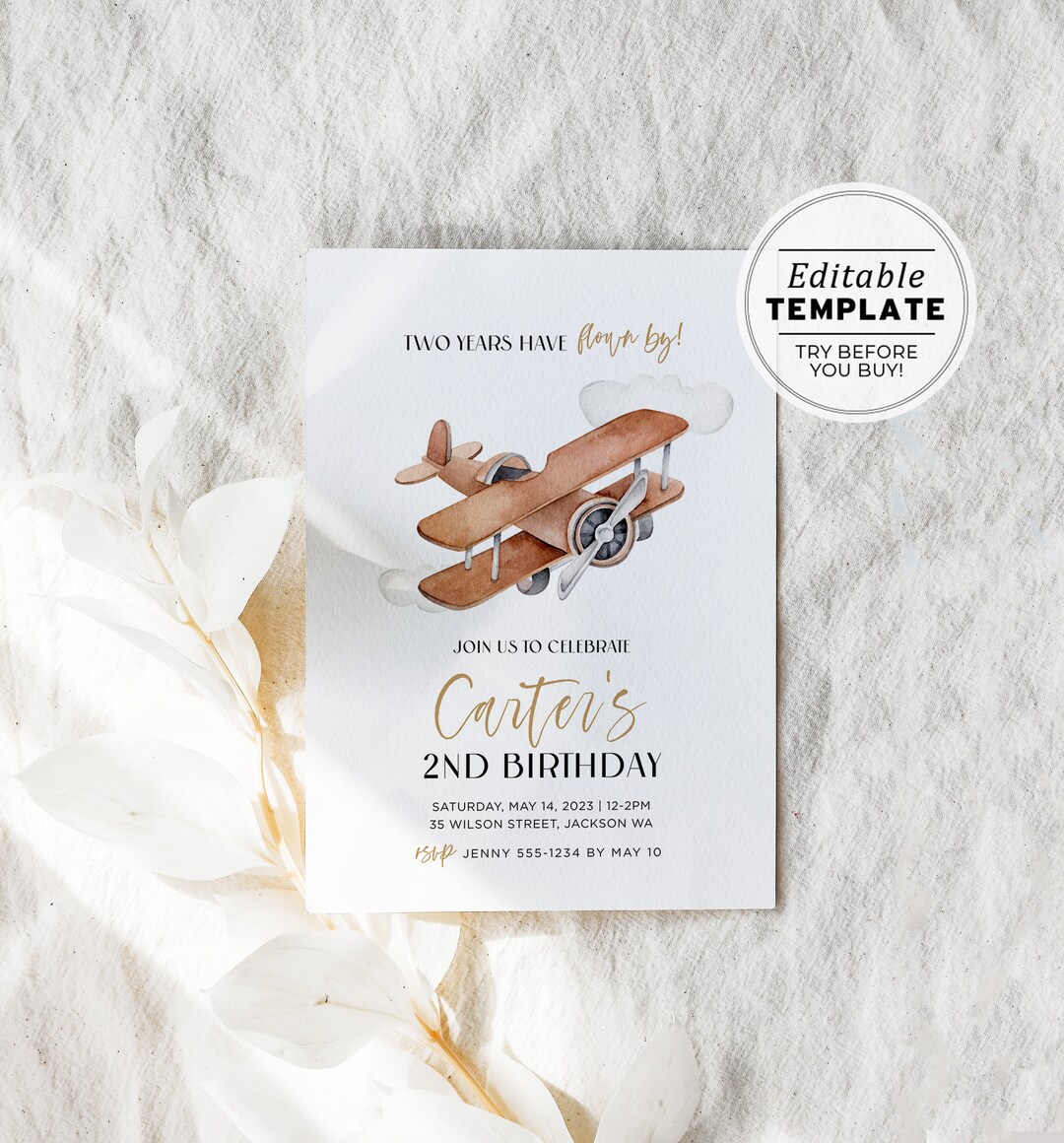 Vintage Watercolor Aeroplane Birthday Party Invite Template | EDITABLE ...