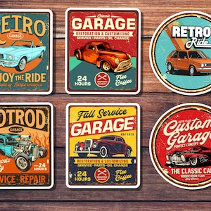 Set of 6 Retro Car Stickers (set 1) Vintage Metal Signs, Custom Hot Rod ...