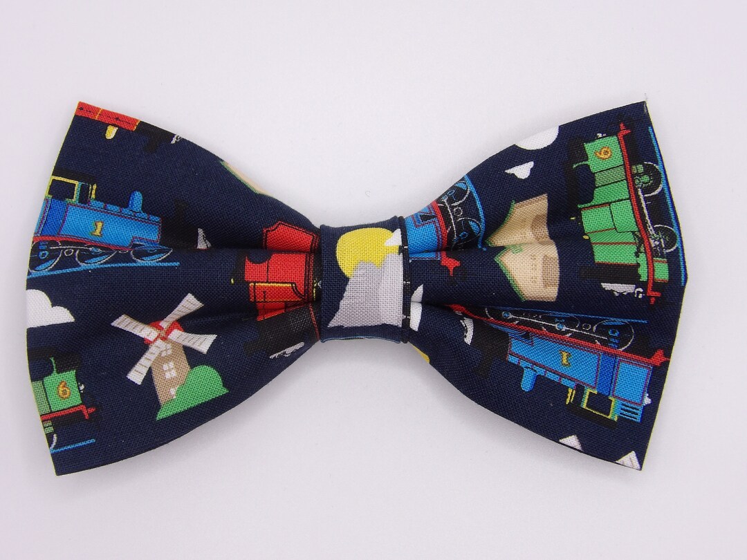 Thomas the Train Bow Tie, Railroad Cars on Navy Blue, Pre-tied Bow Tie ...