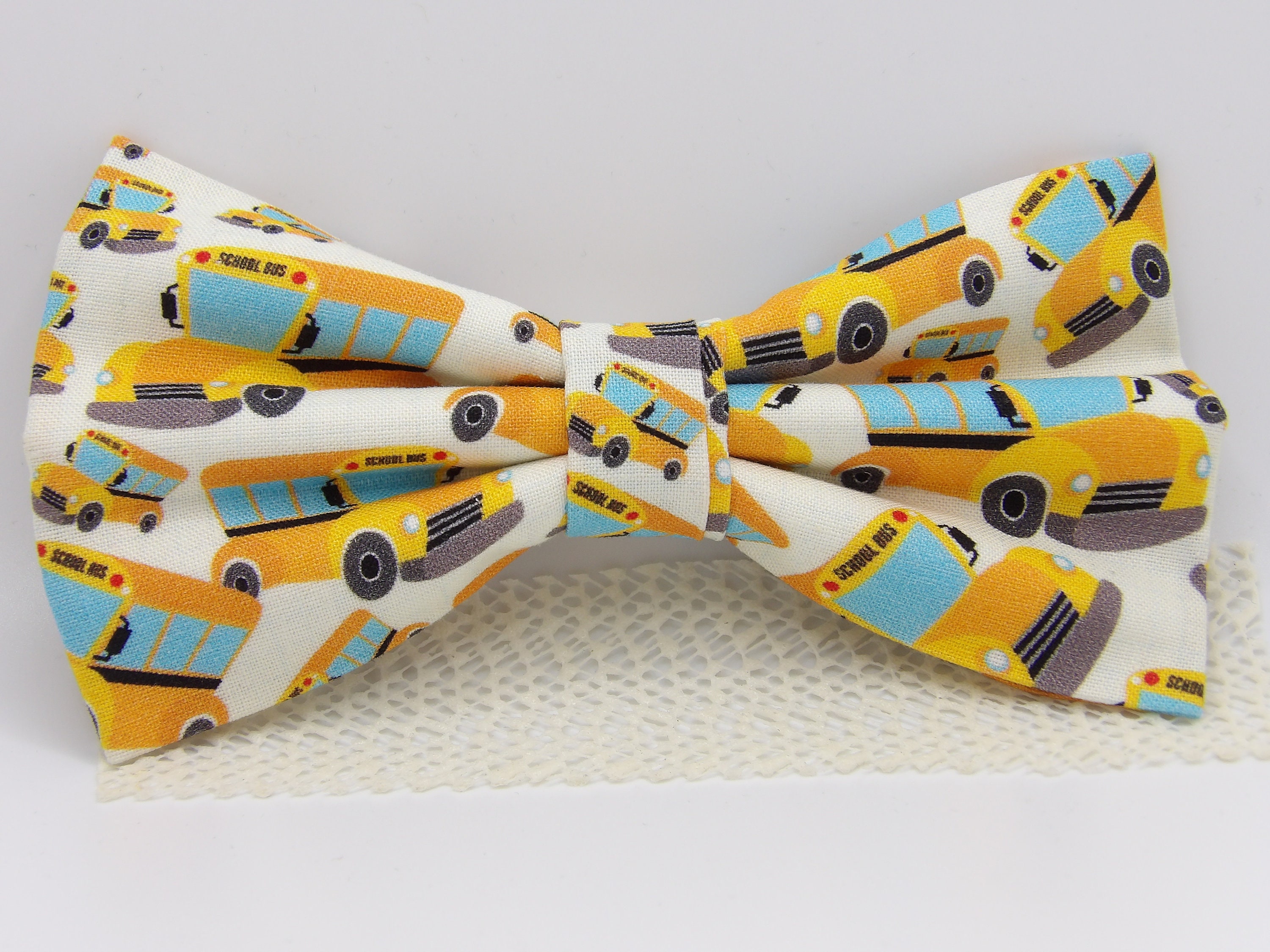 School Bus Bow Tie, Yellow School Buses on Cream, Pre-tied Bow Tie, Bus ...