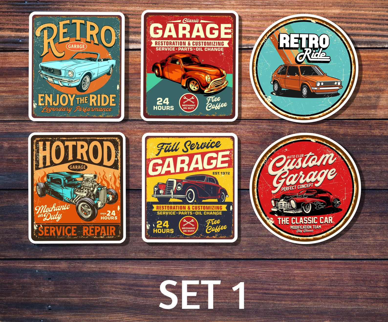 Set of 6 Retro Car Stickers (set 1) Vintage Metal Signs, Custom Hot Rod ...