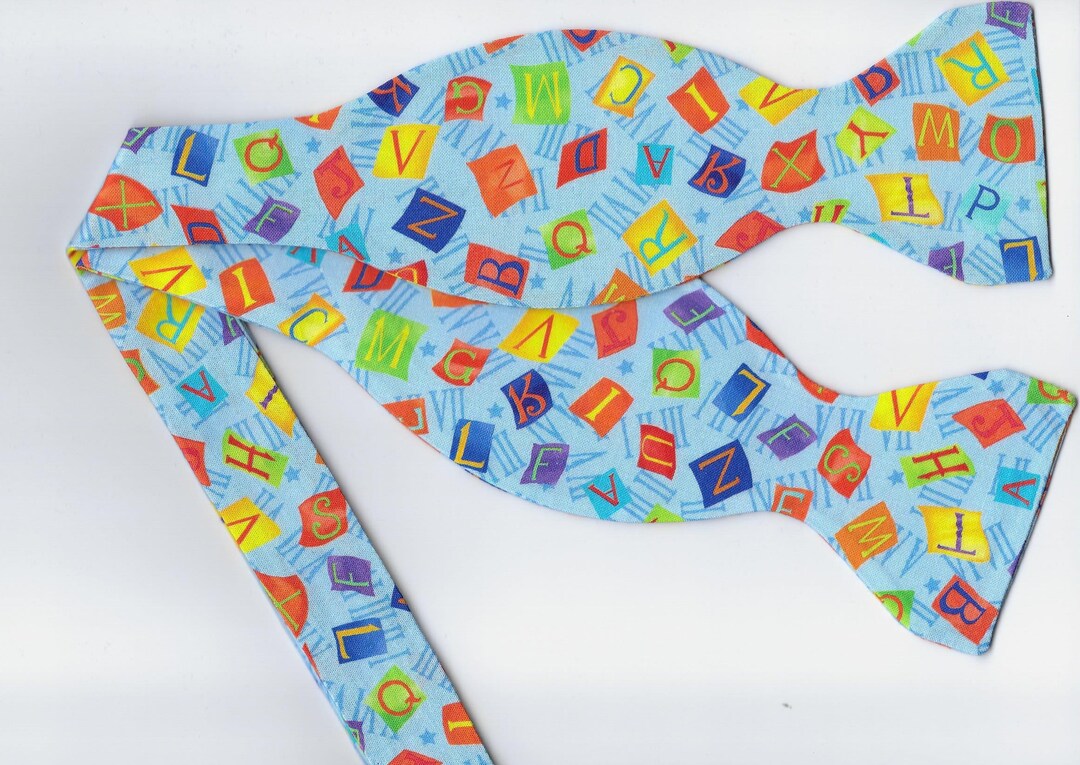 Alphabet Bow Tie, ABC Tiles on Light Blue, Self-tie, Pre-tied, Bow Tie ...