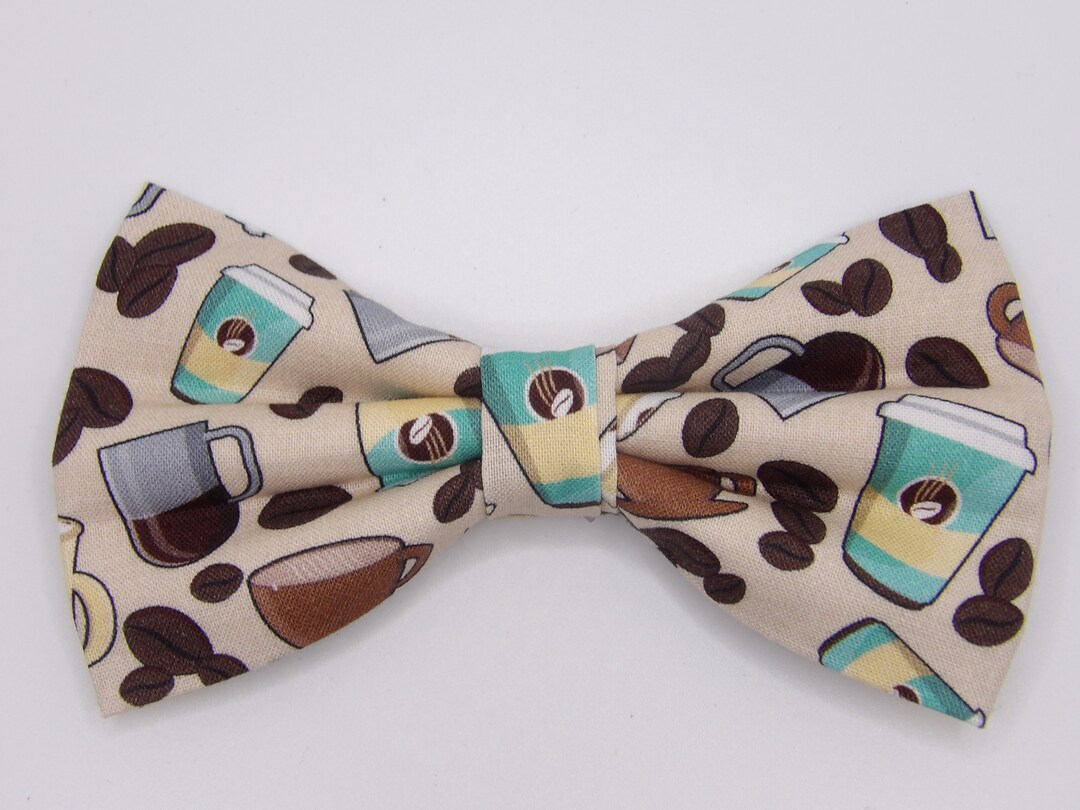 Coffee Lover Bow Tie, Coffee Beans & Cups on Tan, Pre-tied Bow Tie ...