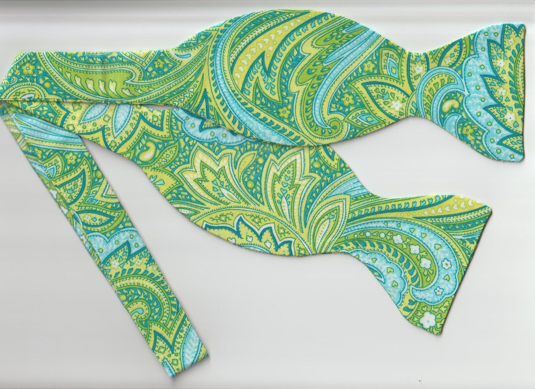 Spring Paisley Bow Tie, Light Blue & Green Paisley, Pre-tied Bow Tie ...