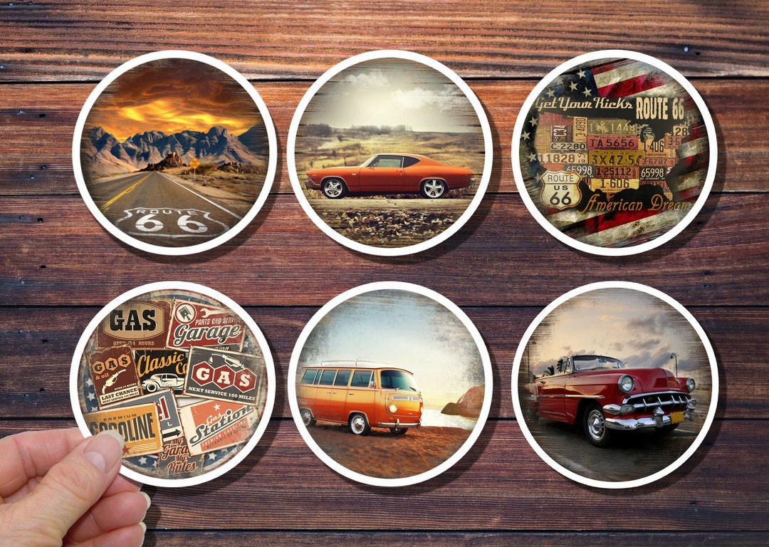Set of 6 Route 66 Stickers (set 2) Vintage Cars, Retro License Plates ...