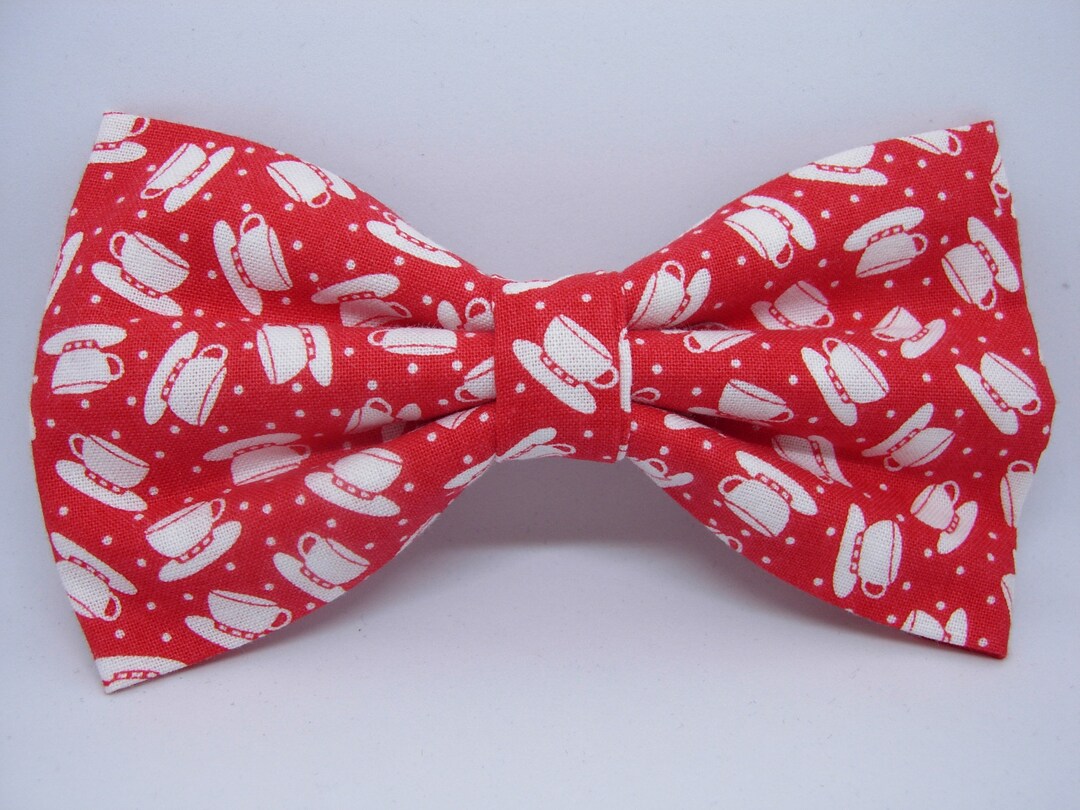 Tea Time Bow Tie | Mini White Tea Cups on Red | Pre-tied Bow Tie ...